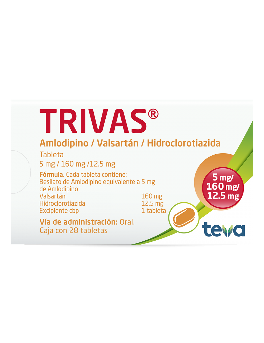 Trivas® 5mg/160mg/12.5mg - 28 Tabletas | Amlodipino/Valsartan/HCTZ